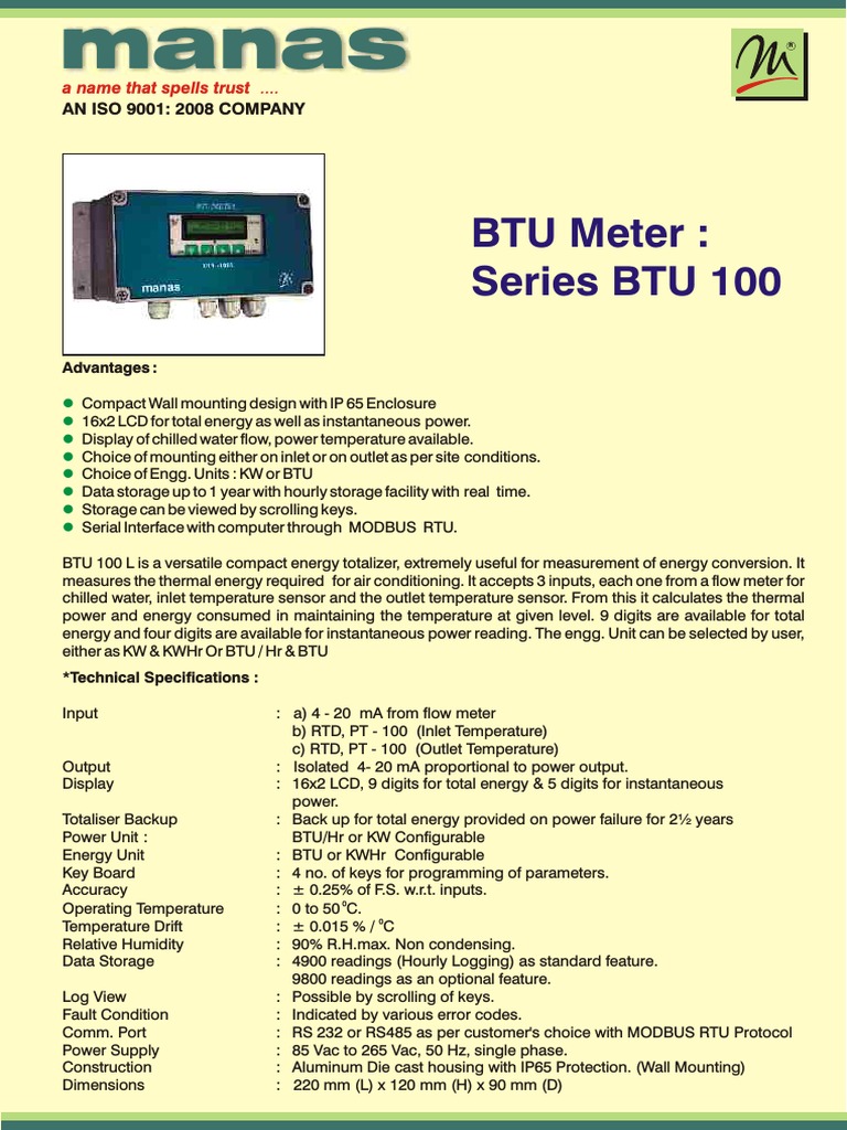 BTU Meter 100 Installation Manual | PDF | Power (Physics) | Flow ...