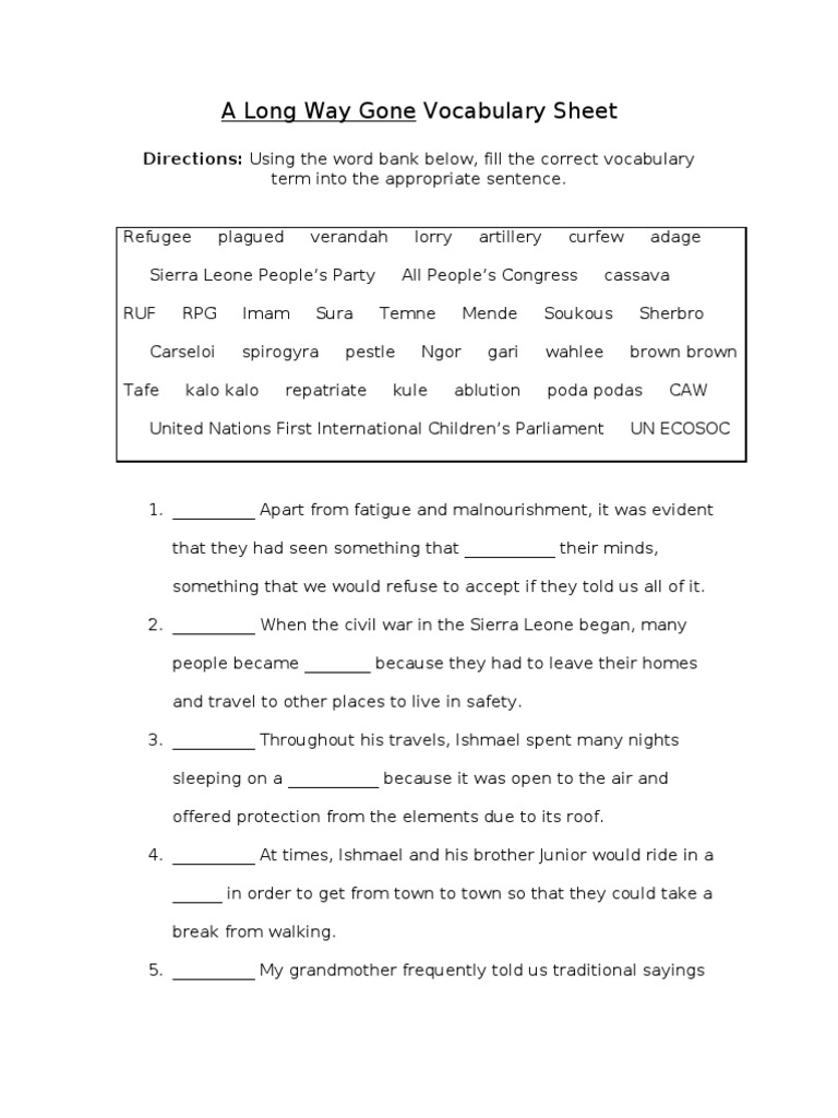 A Long Way Gone Vocabulary Sheet | PDF | Violence