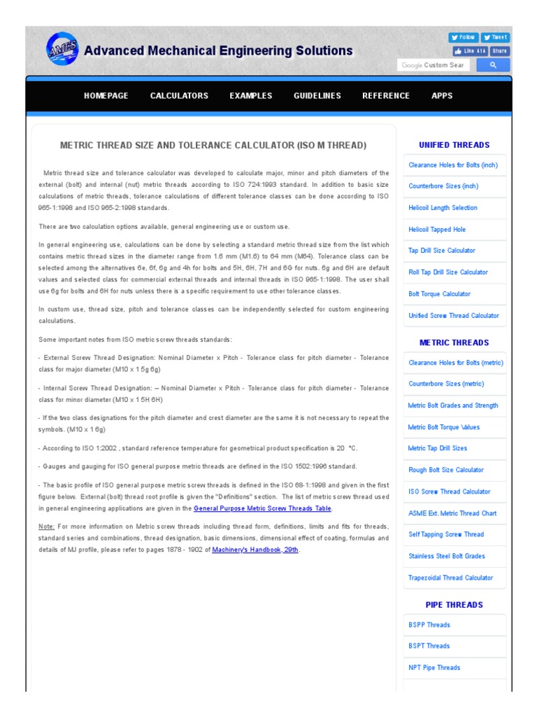 Metric Thread Size and Tolerance Calculator | PDF | Screw | Engineering ...
