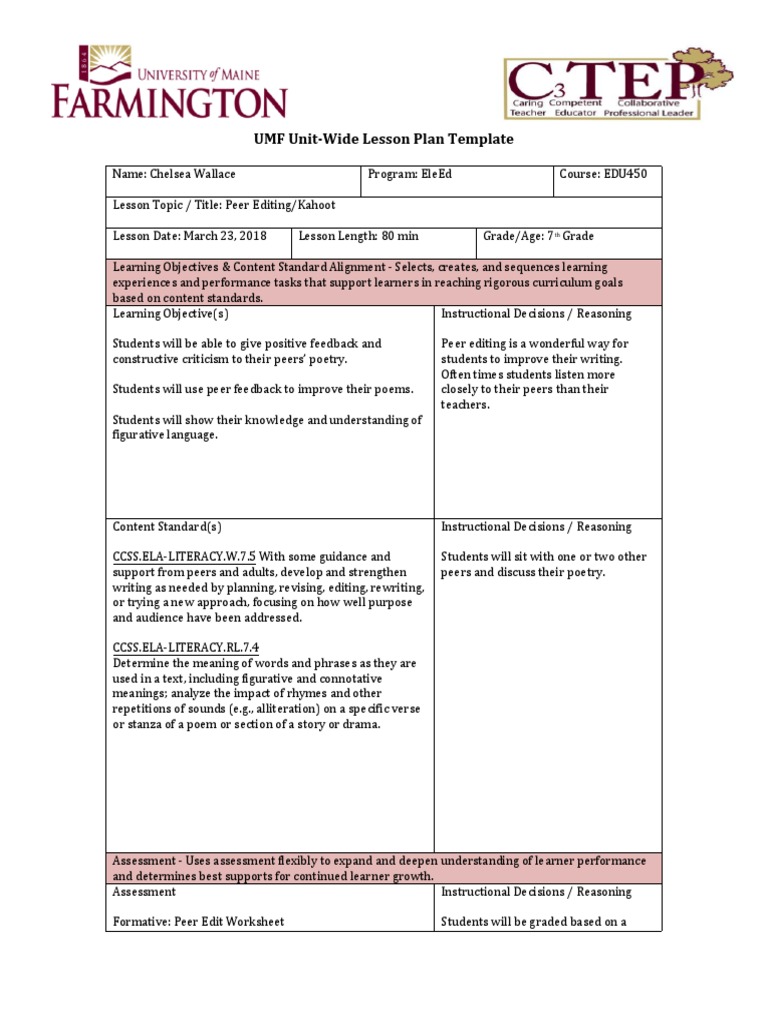 UMF Unit-Wide Lesson Plan Template | PDF | Educational Assessment ...