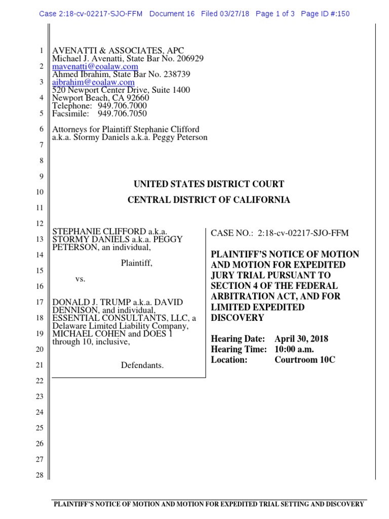 Stormy Daniels Motion For Expedited Jury Trial and Discovery | PDF ... Stormy Daniels Motion For Expedited Jury Trial and Discovery | PDF ...