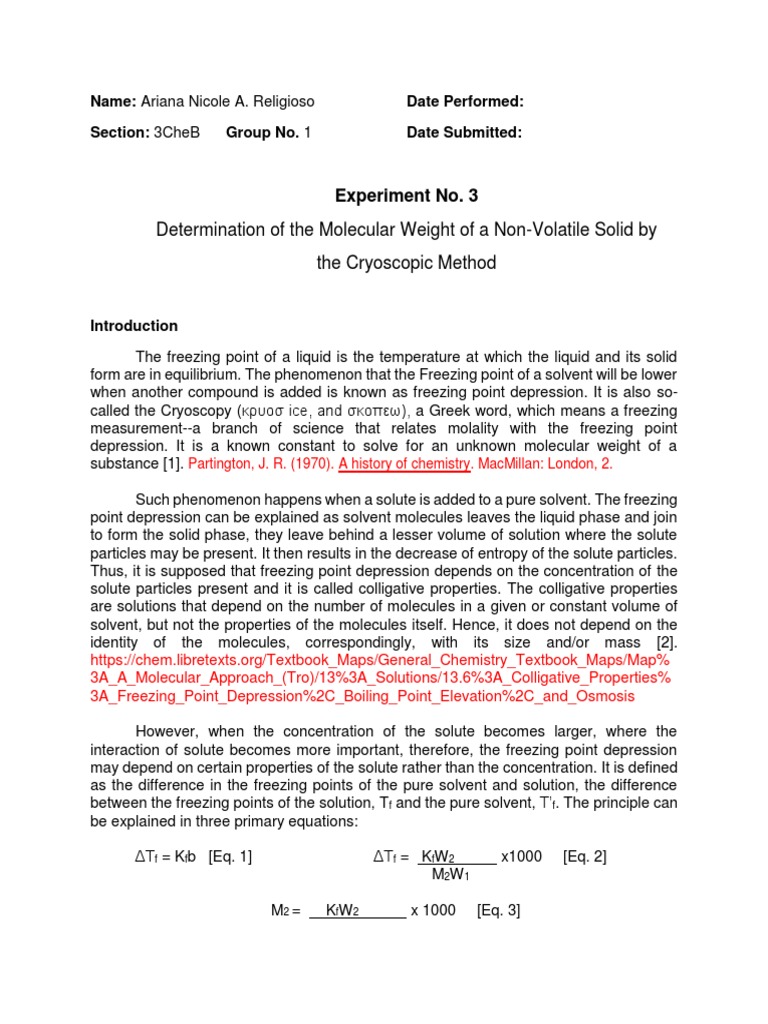 Determination of The Molecular Weight of A Non-Volatile Solid by The ...