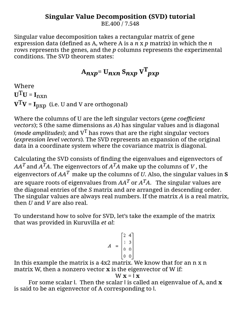 Singular Value Decomposition Svd Tutorial Pdf Eigenvalues And Eigenvectors Matrix