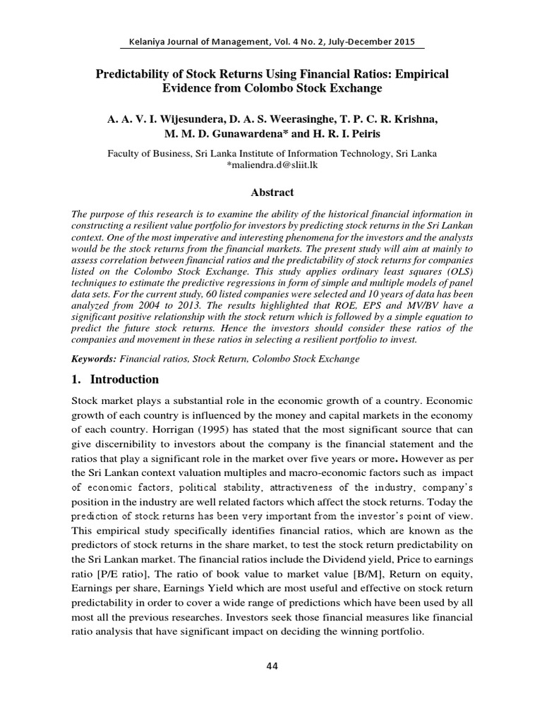 Predictability Of Stock Returns Using Financial Ratios Empirical Evidence From Colombo Stock