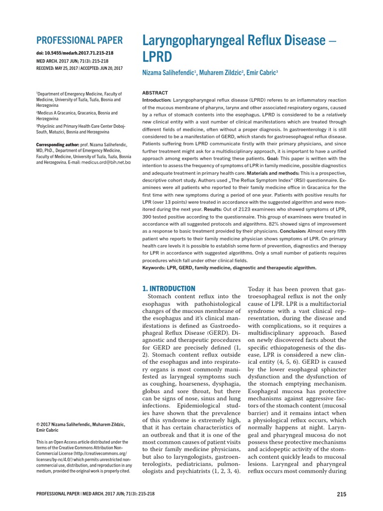 Laryngopharyngeal Reflux Disease - LPRD: Professional Paper | PDF ...