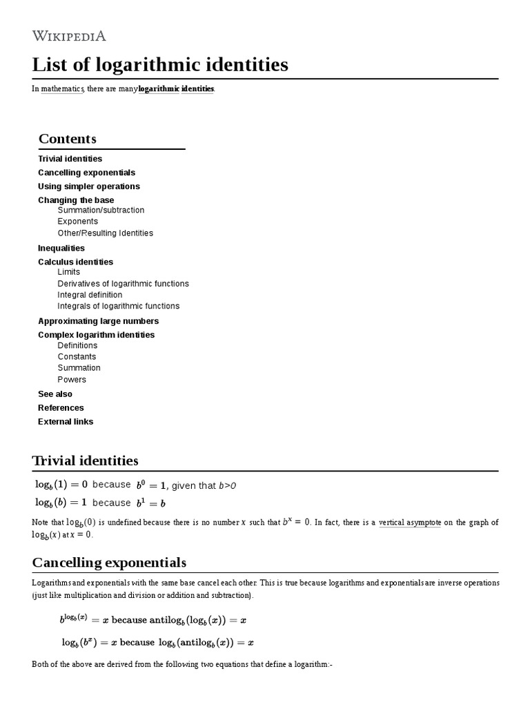 List of Logarithmic Identities | PDF | Logarithm | Exponentiation
