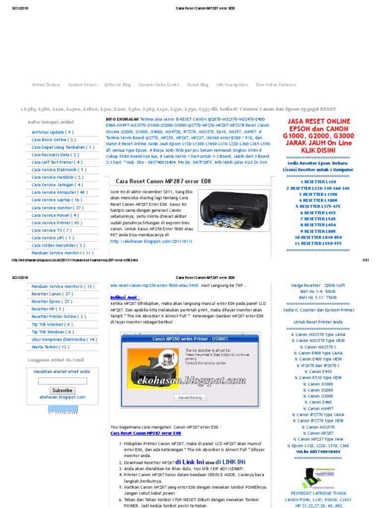 Cara Reset Canon MP287 Error E08 | PDF