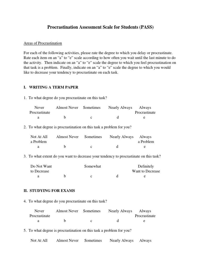 Procrastination Assessment Scale For Students (PASS) | PDF ...