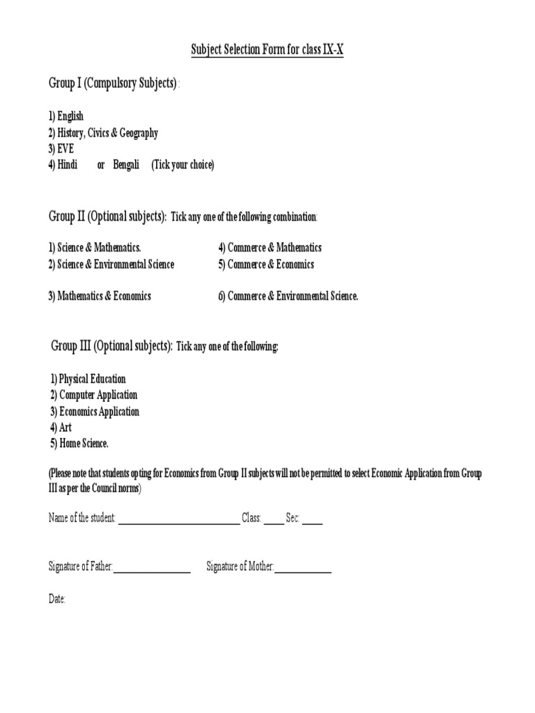 Subject Selection Form for class IX-X Group I (Compulsory Subjects ...