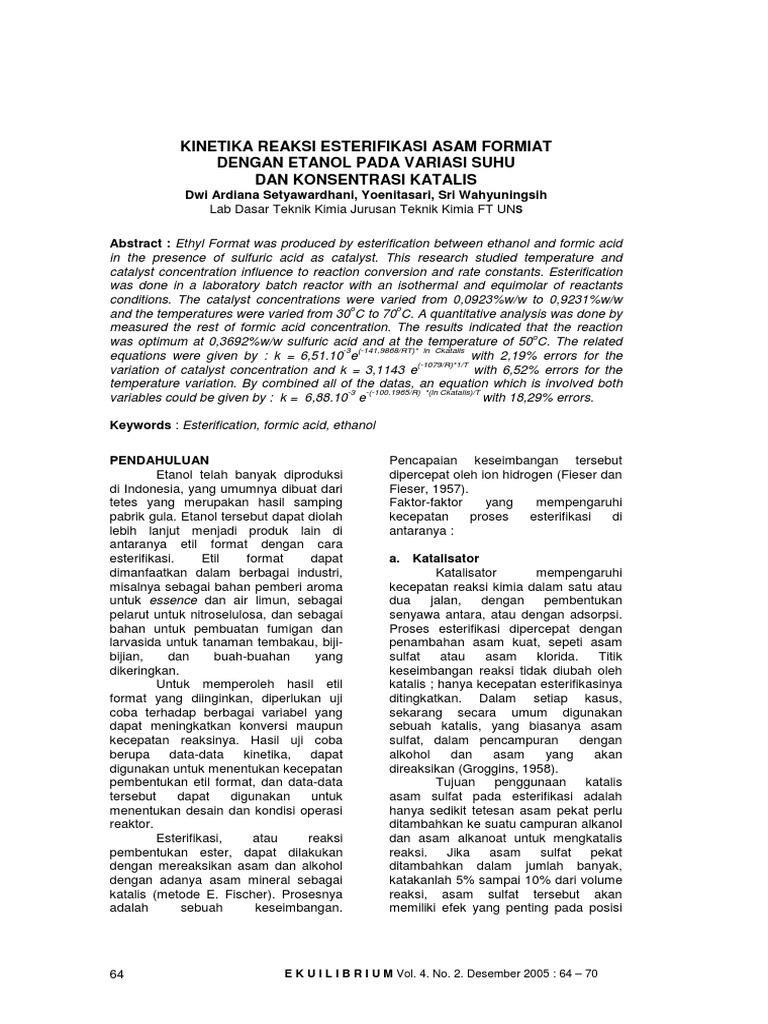 Kinetika Reaksi Esterifikasi Asam Formiat Dengan Etanol Pada Variasi ...