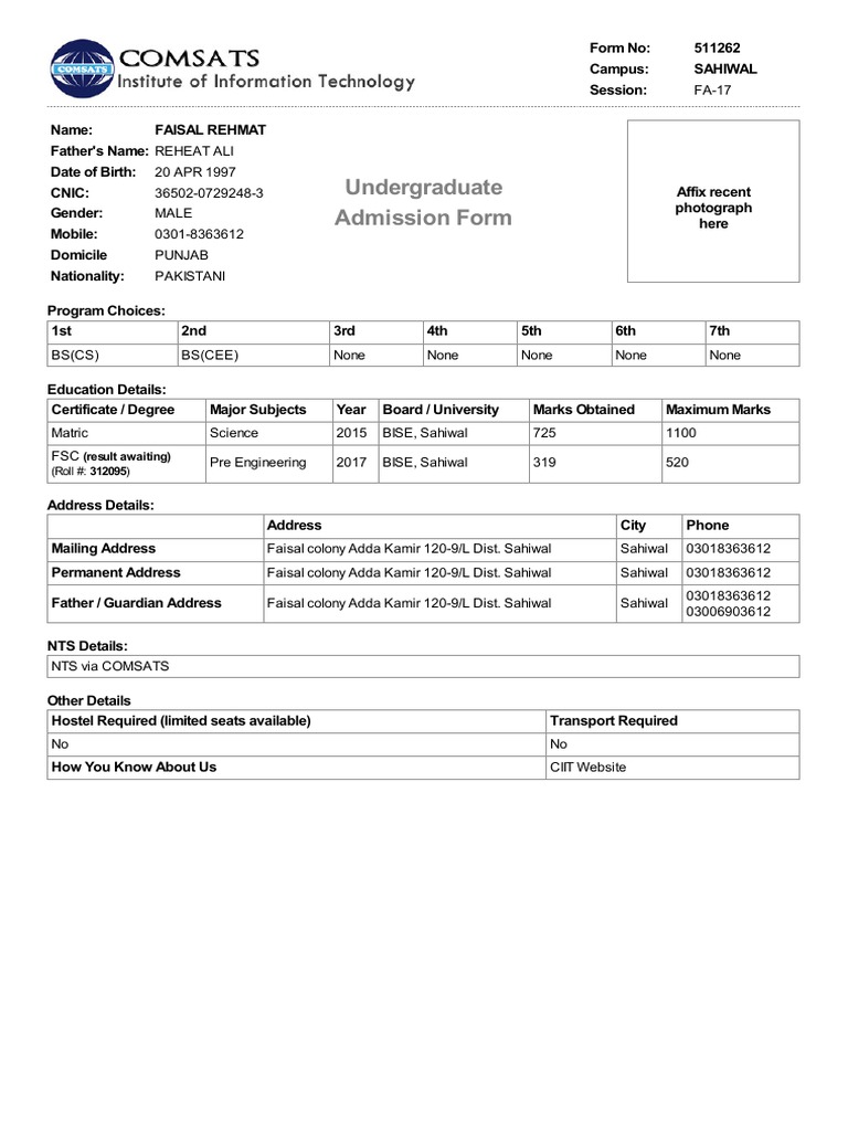 Undergraduate Admission Form: (Result Awaiting) | PDF | Banks | Business