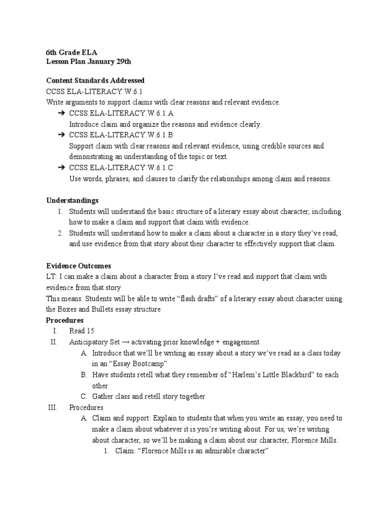 6th Grade ELA Lesson Plan January 29th Content Standards Addressed ...