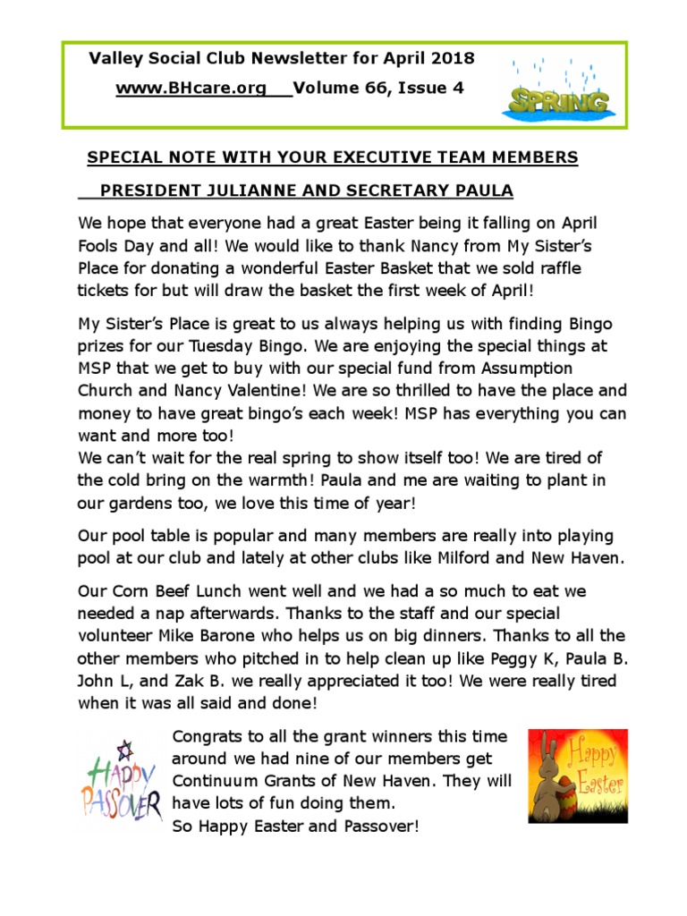 Valley Social Club Newsletter for April 2018 | Gratitude