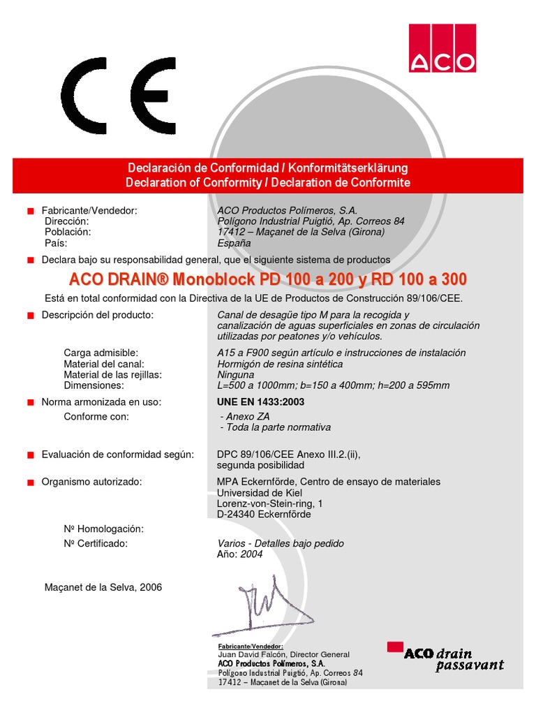 Certificado de Conformidade - ACO DRAIN Monoblock PD100 A 200 y RD 100 ...