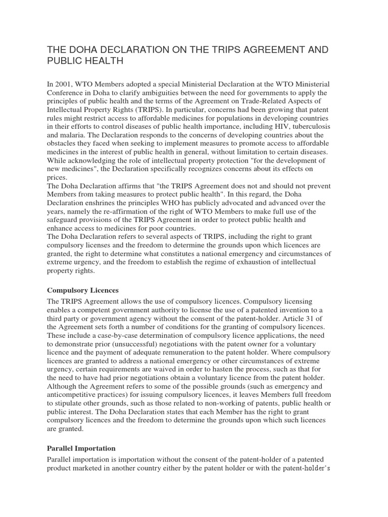 The Doha Declaration On The Trips Agreement and Public Health | PDF ...