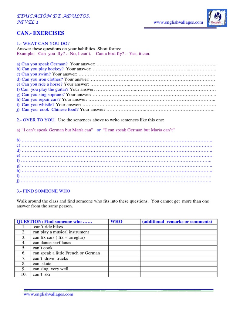 Grammar. 11. Can Exercises | PDF