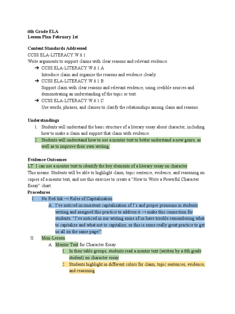 6th Grade ELA Lesson Plan February 1st Content Standards Addressed ...