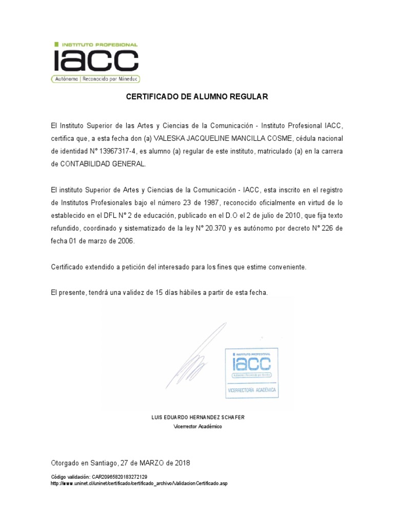 Certificado de Alumno Regular IACC | PDF