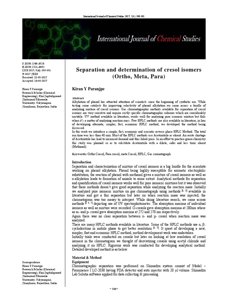 Separation and Determination of Cresol Isomers (Ortho, Meta, Para ...
