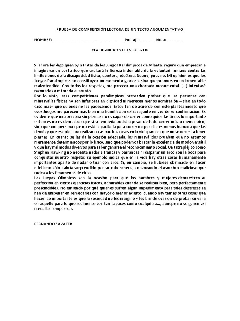 Prueba de Comprension Lectora de Un Texto Argumentativo | PDF ...