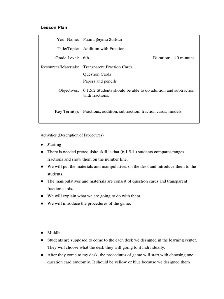 Lesson Plan: Activities (Description of Procedures) S | PDF | Lesson ...