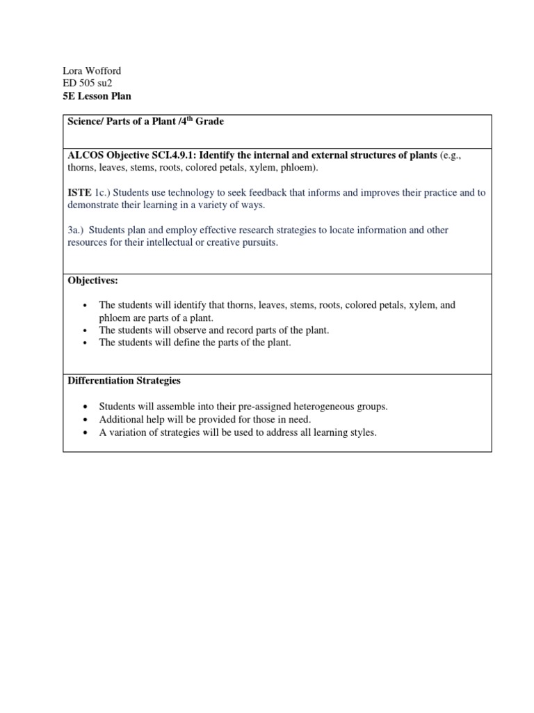 5E Lesson Plan: Parts of a Plant | PDF | Educational Assessment ...