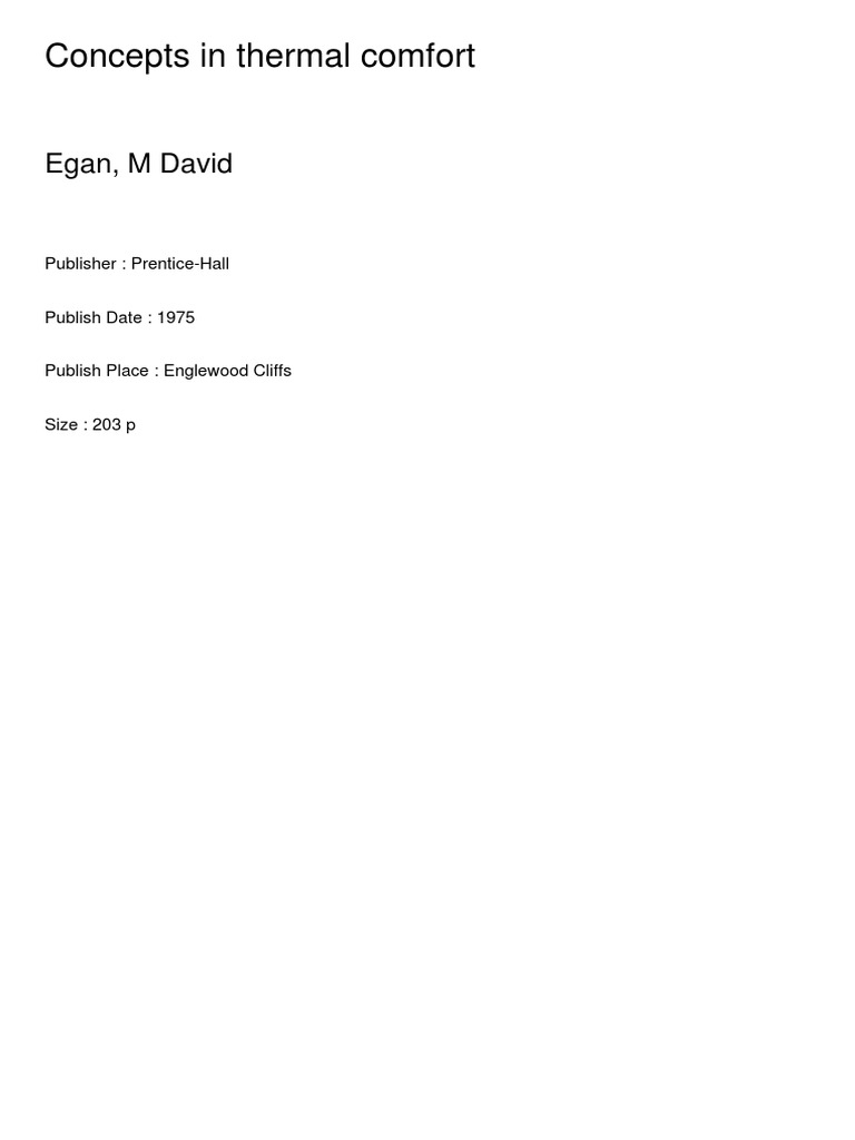 Concepts in Thermal Comfort: Egan, M David | PDF