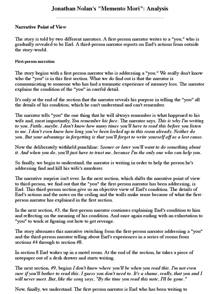 Analysis of Jonathan Nolan's Memento Mori | PDF | Narration | Narrative