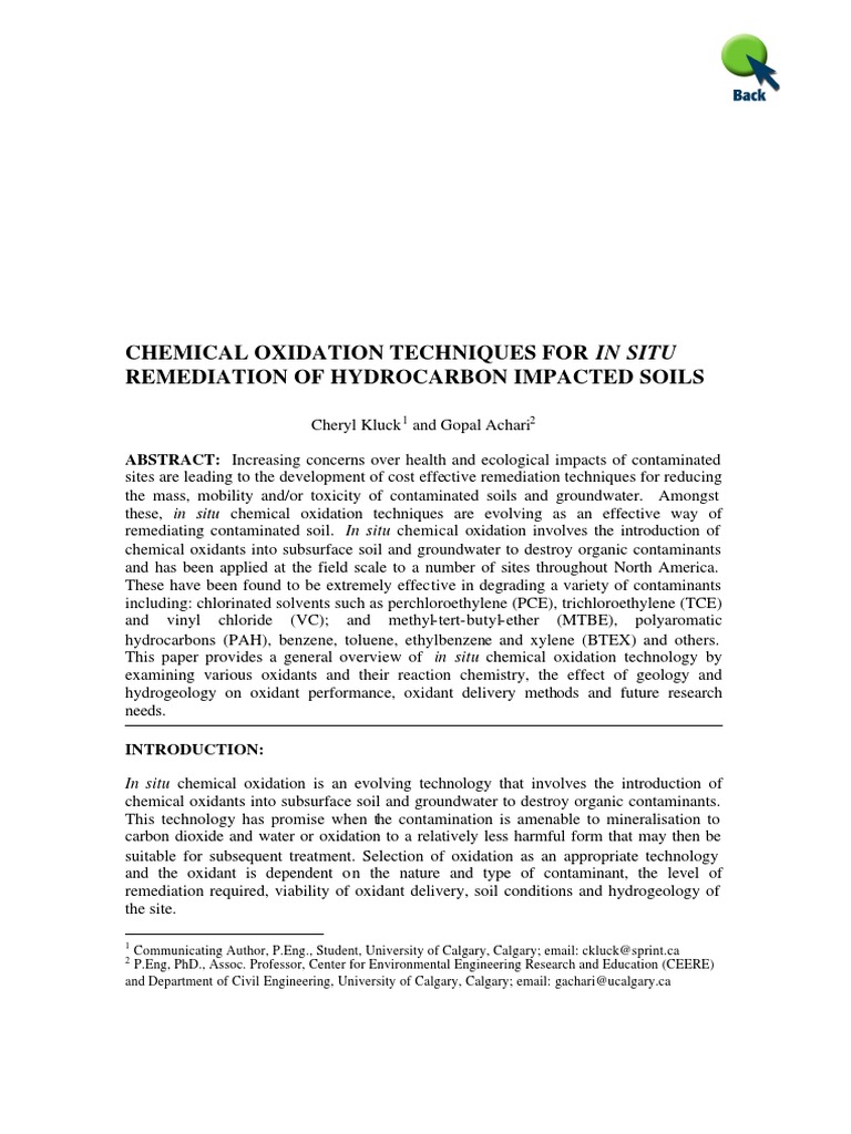 Chemical Oxidation Techniques For in Situ Remediation of Hydrocarbon ...
