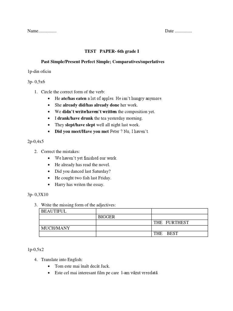 TEST PAPER-6th Grade I Past Simple/Present Perfect Simple Comparatives ...