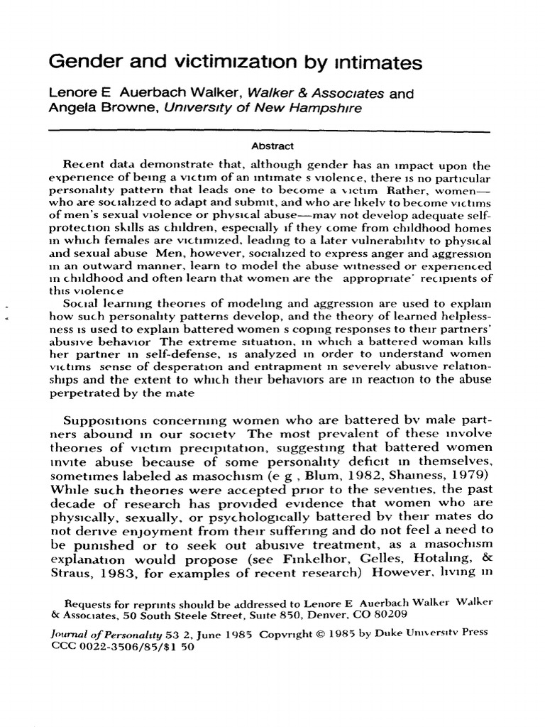 An Article by Lenore Walker | PDF | Domestic Violence | Violence