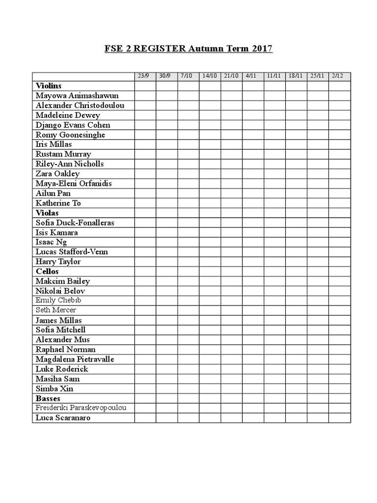 FSE 2 REGISTER Autumn Term 2017: Violins | PDF
