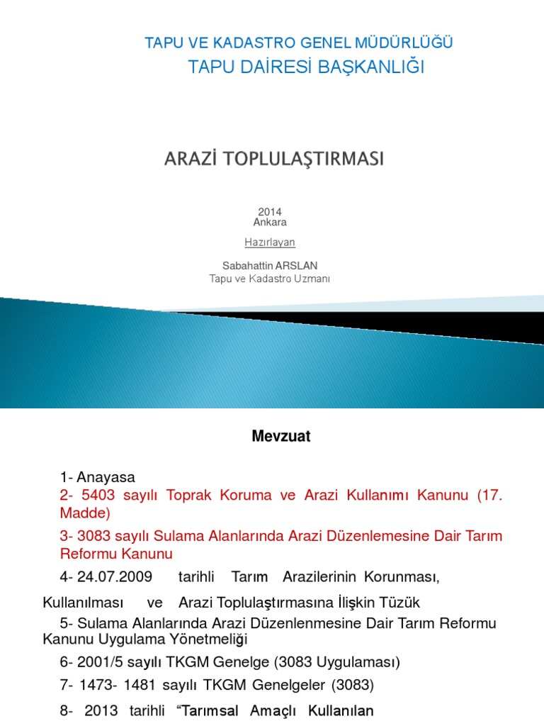 Arazi Toplulastirmasi-3083 Ve 5403 Sayili Kanunlar | PDF