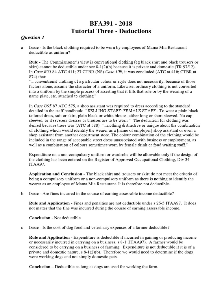 Tute 3, 2018 - Deductions - Solution | PDF | Bad Debt | Expense