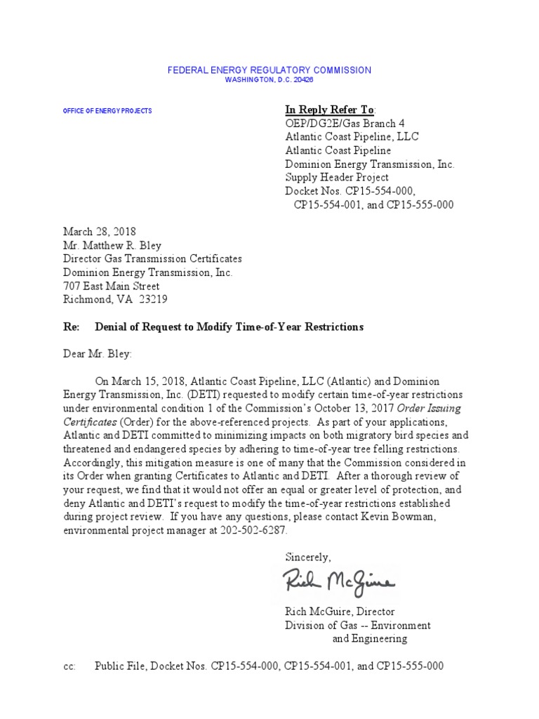 FERC Letter To ACP | PDF