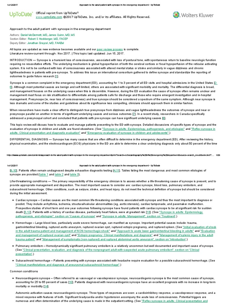 Approach To The Adult Patient With Syncope in The Emergency Department ...