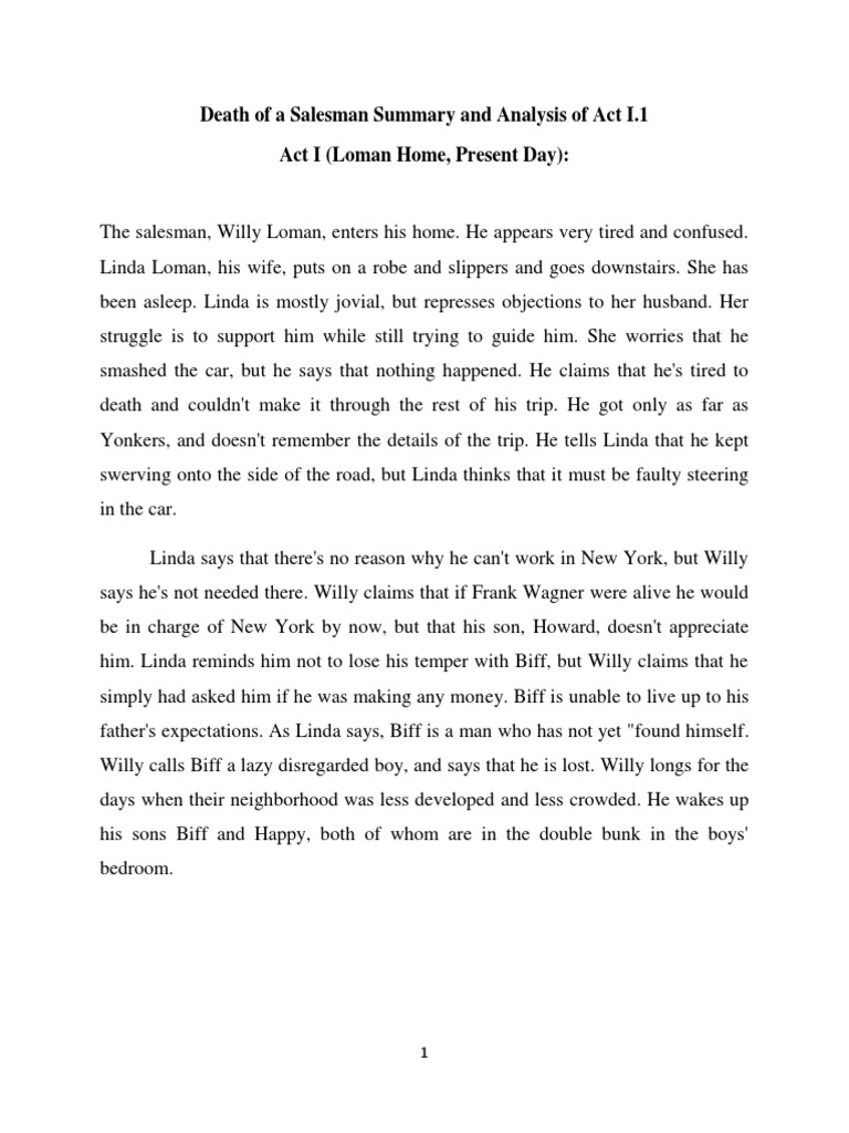 Death of A Salesman Summary and Analysis of Act I | PDF