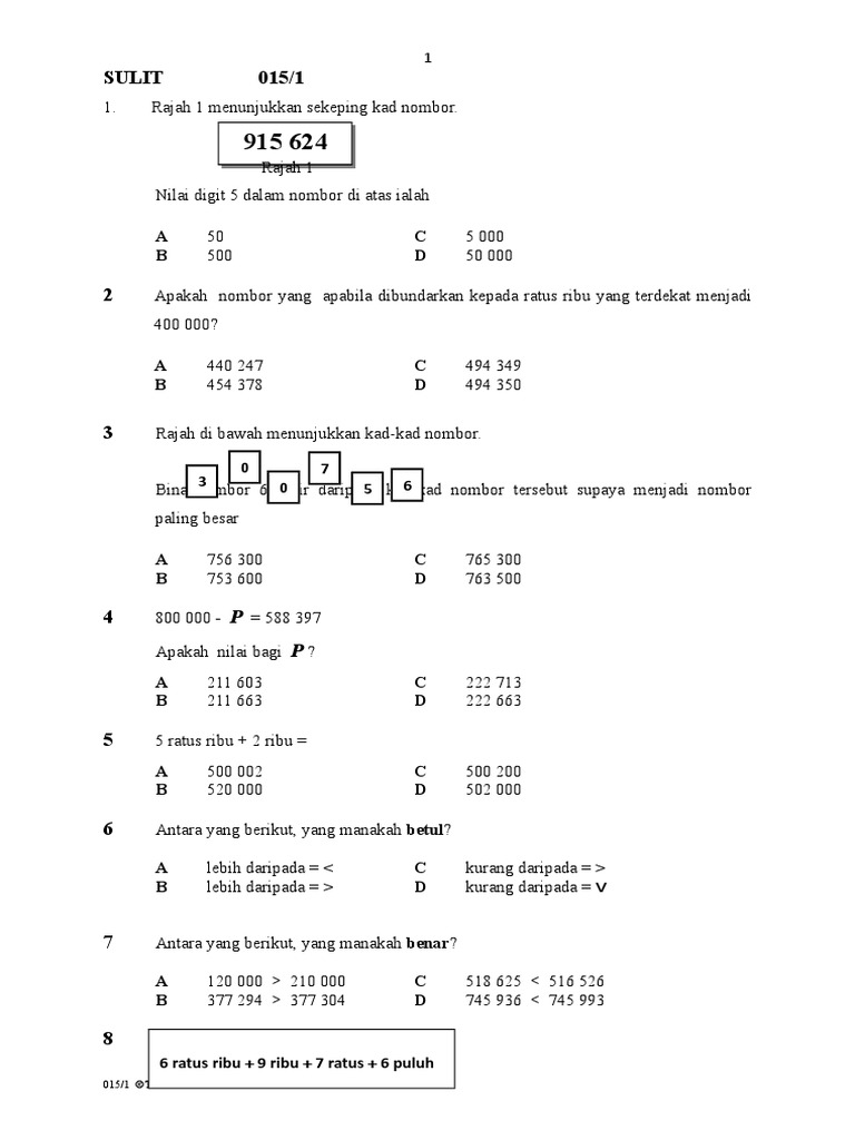 Soalan Matematik Tahun 5 Ujian 1 Bulan Mac 2018 | PDF