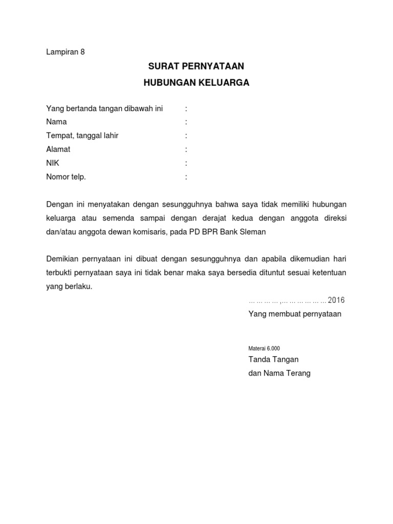 Surat Pernyataan Hubungan Keluarga