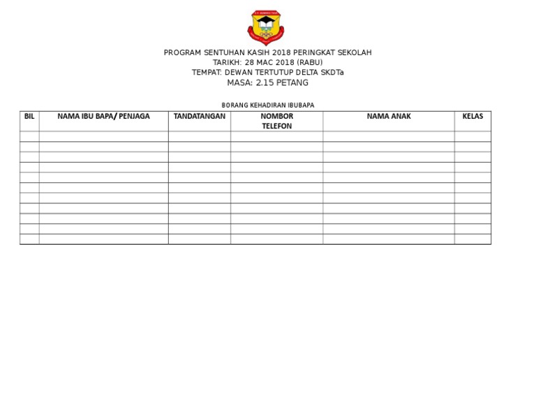 Borang Kehadiran Program Sentuhan Kasih 2018 | PDF