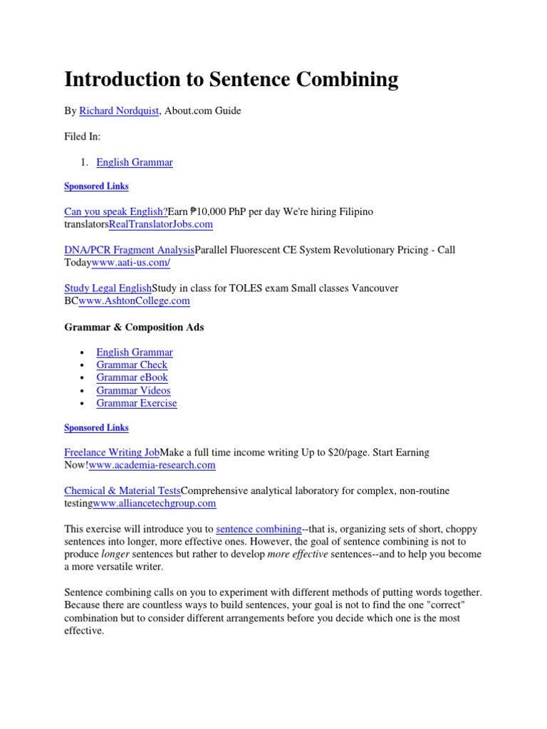 Introduction To Sentence Combining: Grammar & Composition Ads | PDF ...