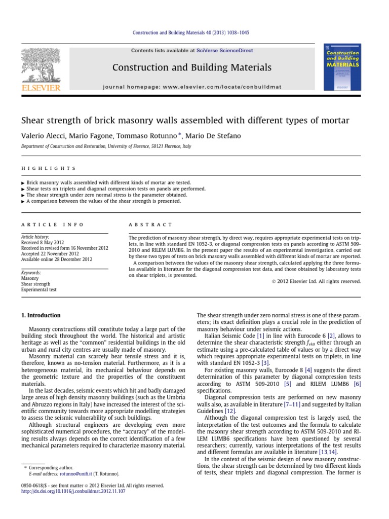 2013 Shear Strength of Brick Masonry Walls Assembled With Different ...