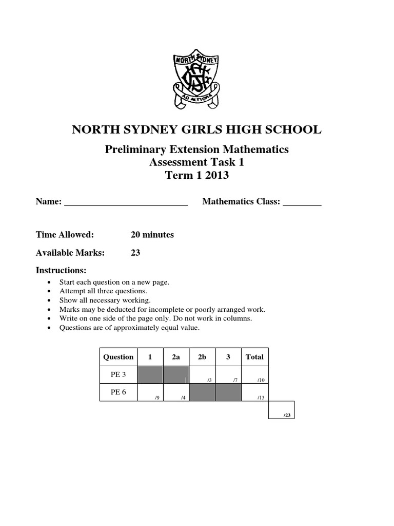 Nsghs 2013 Yr 11 Ext1 T1 Pdf Combinatorics Function Mathematics
