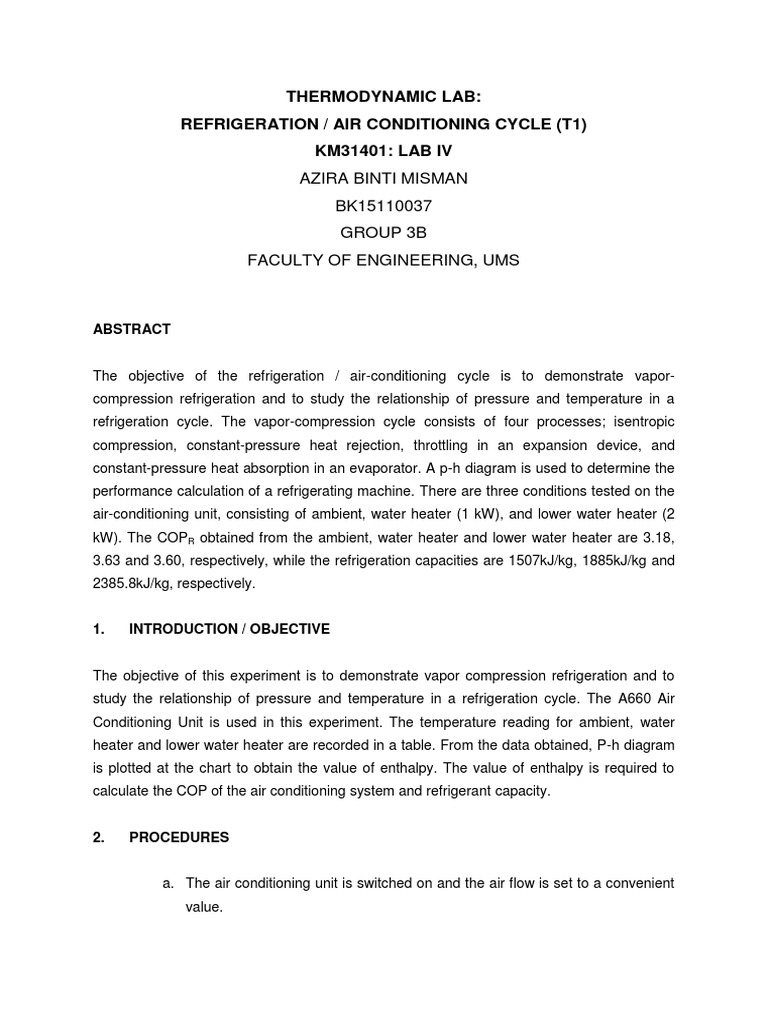 Air Conditioning Cycle Lab Report | PDF | Refrigeration | Air Conditioning