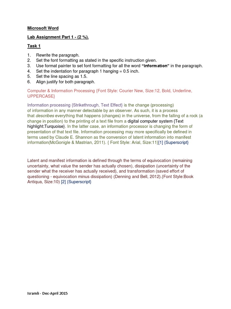 Microsoft Word Lab Assignment Part 1 2 Task 1 Information Processing Typefaces