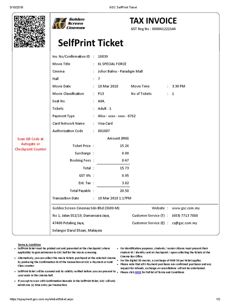 Selfprint Ticket: Tax Invoice | PDF | Movie Theater | Payments