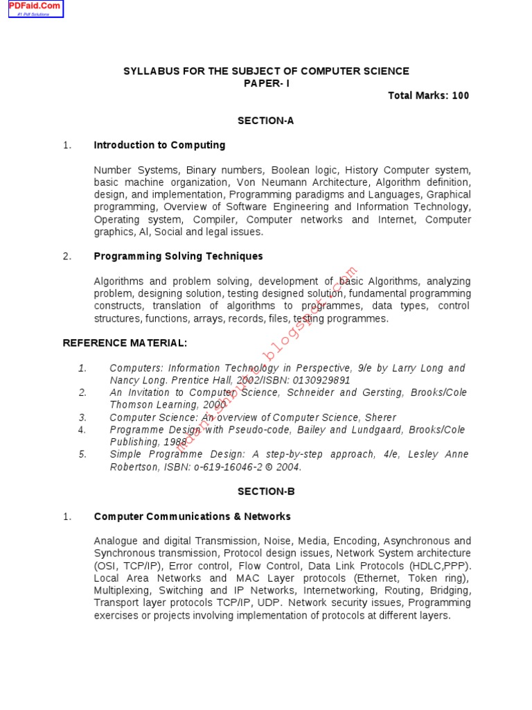 Syllabus For The Subject of Computer Science Paper-I Total Marks: 100 ...
