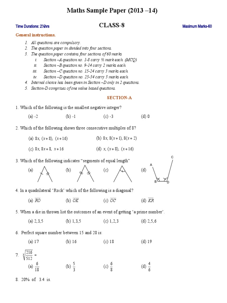 Class 8 Maths Sample Paper 2024-25 | PDF | Equations | Mathematical Objects