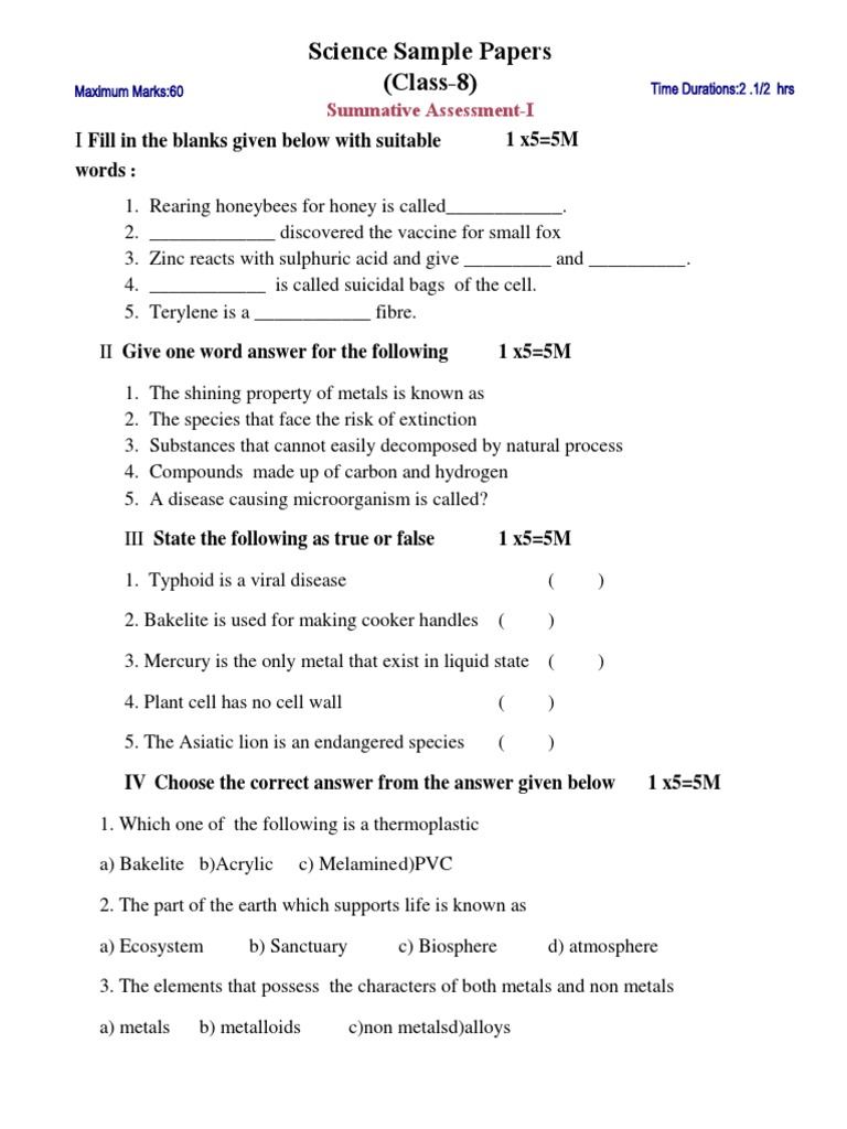 Cbse Sample Paper Class 8 Science 1 | PDF | Carbon | Metals