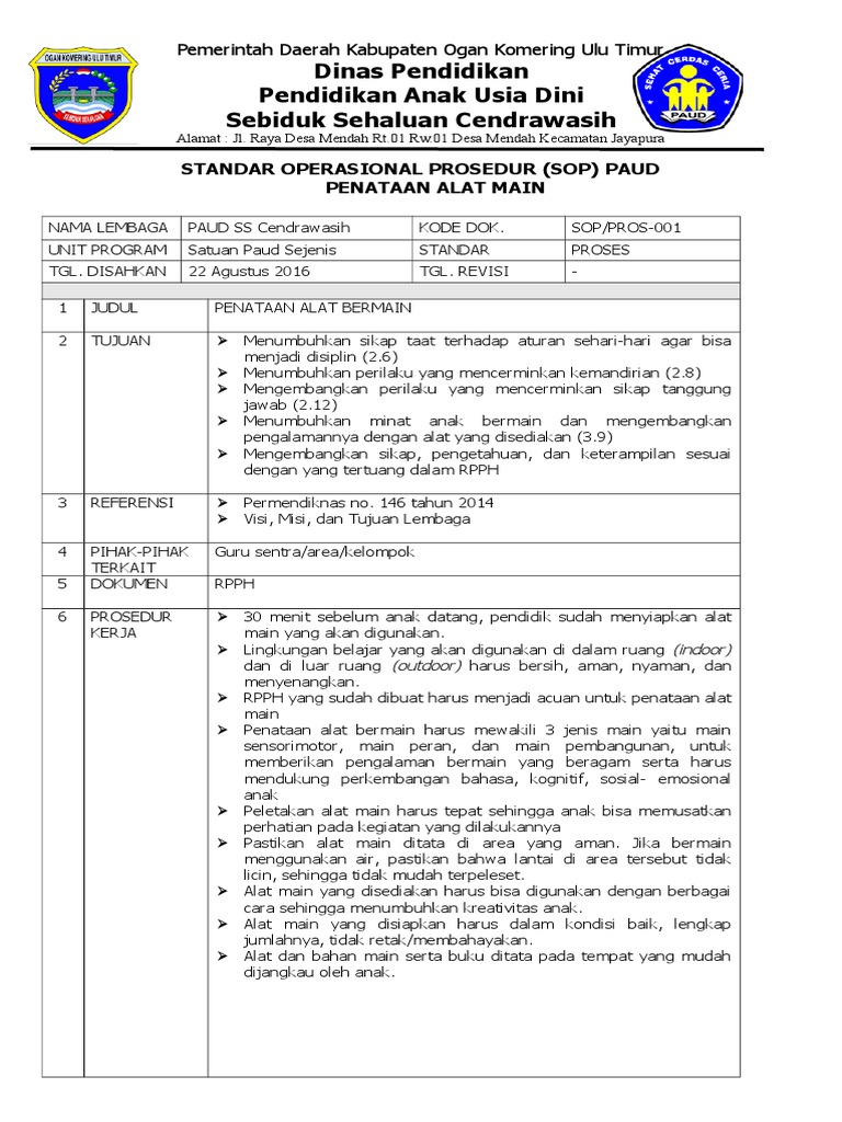 1 Sop Paud Penataan Alat Main | PDF | Karier & Perkembangan